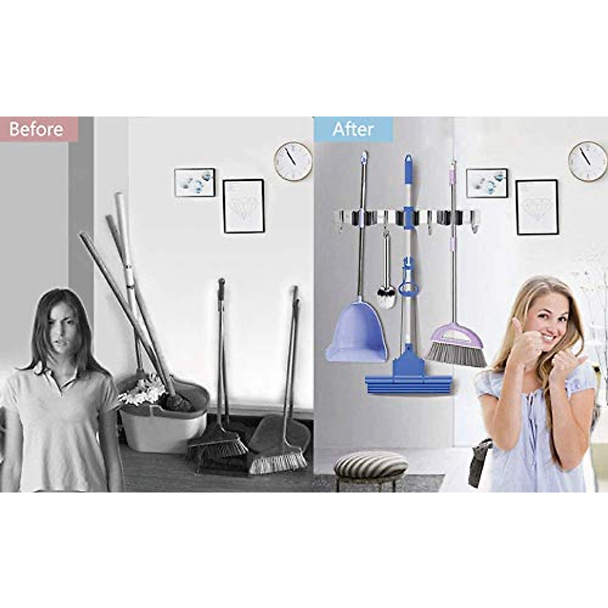 DYMSUP Mop Broom Holder Wall Mounted,3 Rack 4 Hooks Heavy Duty Mop and Broom Organizer Wall Hanging,Stainless Steel Broom Closet Garden Garage Door Tools Hanger Storage 1 Pack