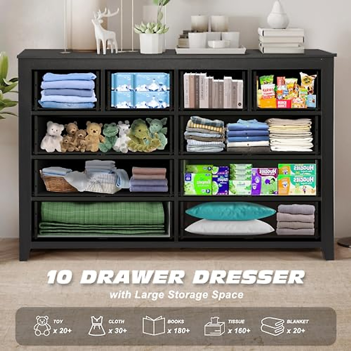 TITIMO 10 Drawer Dresser for Bedroom,Wood Chest of Drawers with Smooth Metal Rail,Large Dressers,Modern Bedroom Dressers with 10 Drawers Cabinet TV Stand (Black)