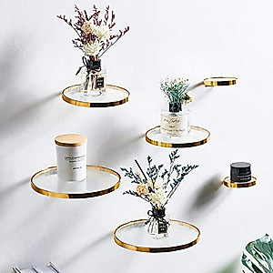 Modern Floating Glass Shelf with Golden Metal Ring for Plants, Books and Other Decorations, Transparent Hanging Shelves in Rooms, Corridors and Wall