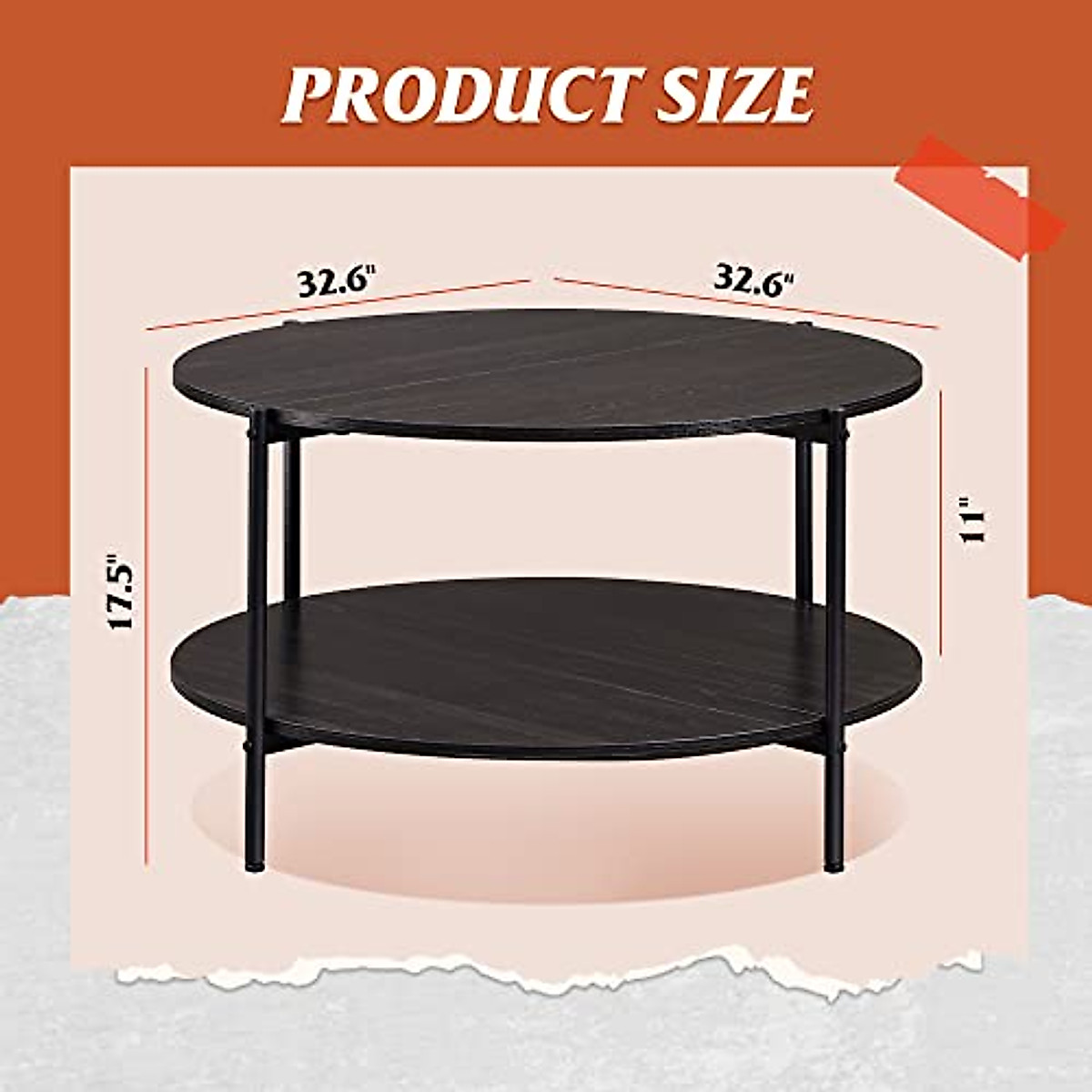 WLIVE Round Coffee Table, Living Room Table with 2-Tier Storage Shelf,32in Wood Modern Coffee Table with Metal Frame and Wood Desktop,Easy Assembly,Charcoal Black.