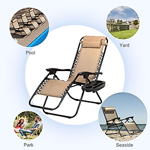 Nazhura Set of 2 Relaxing Recliners Patio Chairs Adjustable Steel Mesh Zero Gravity Lounge Chair Beach Chairs with Pillow and Cup Holder Khaki (Kahki)