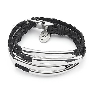 Addison Black Braided Leather Wrap Bracelet with Silver Crescents Size Small