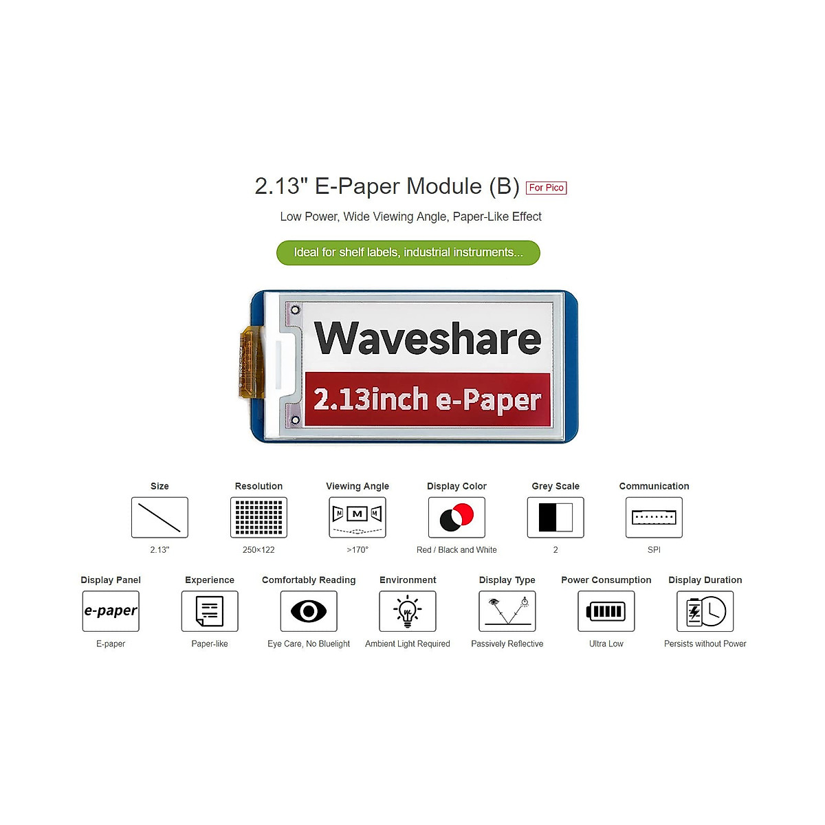 waveshare 2.13inch e-Paper Compatible with Raspberry Pi Pico Red/Black/White Three-Color Display