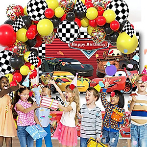 Lnkdeya Race Cars Birthday Party Decoration-144Pcs Racing Cars Checked Balloon Garland Kit Cars Banner Racing Backdrop Tablecloth