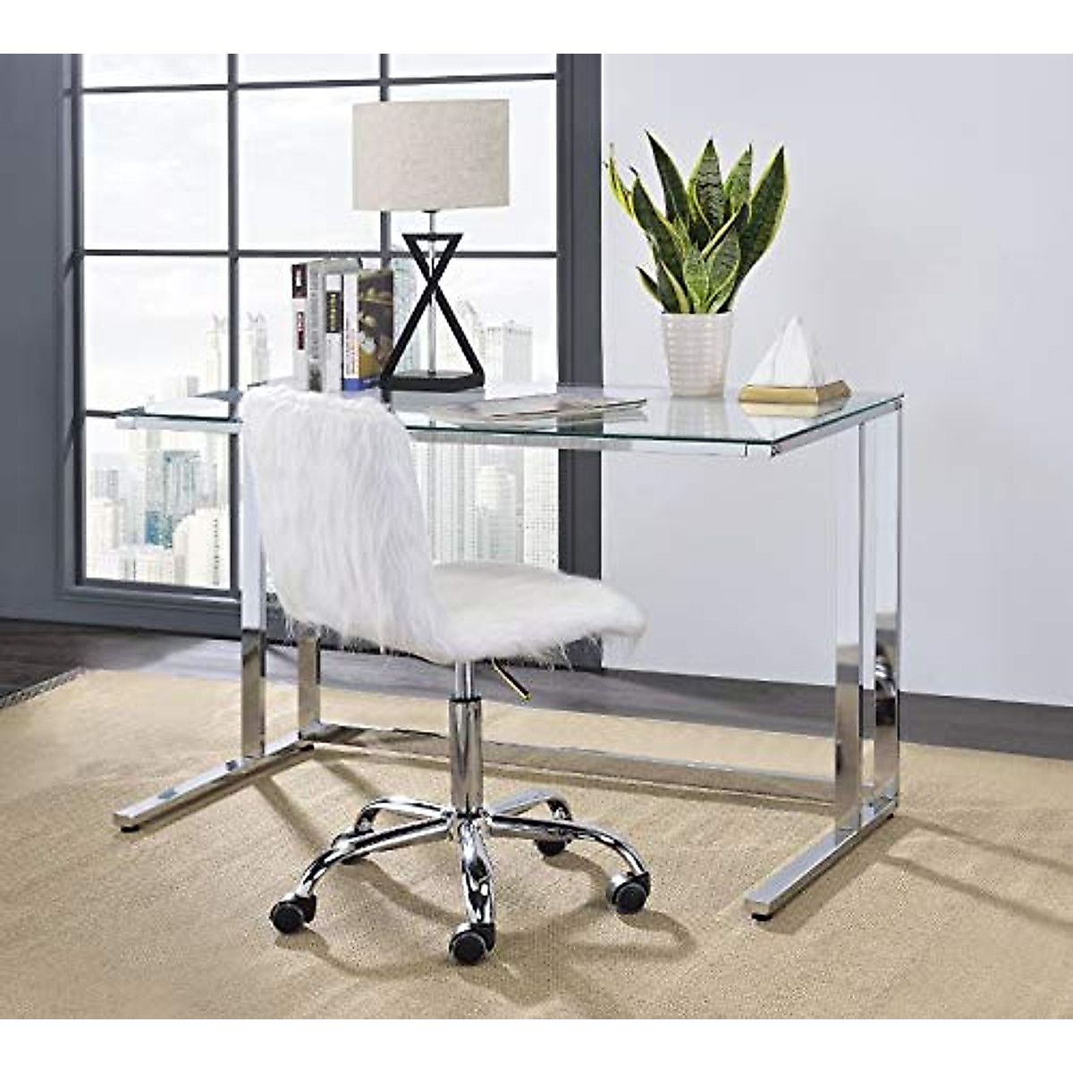 Knocbel Contemporary Computer Desk Home Office Workstation Writing Table with Tempered Glass Top & Metal Frame, 47" L x 24" W x 30" H (Clear and Chrome)