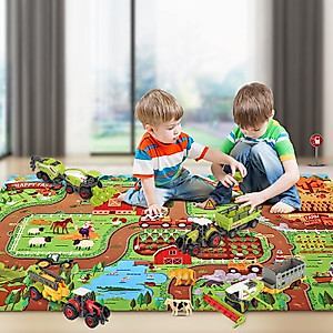 Oriate Farm Tractor Set 34 Piece Die Cast Vehicle Value Playset, Large Size 4.8" Tractors Toy Kids Birthday Gift, Farm Play Mat Tractors Animals Trailer Toys, Farm Equipment Accessories