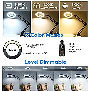 10X Magnifying Glass Lamp, Adjustable Swing Arm 72 LEDs Real Glass Lens Magnifier Light,3 Color Modes 10 Stepless Dimmable,Perfect for Daily Reading,Hobbies, Crafts, Workbench (Black)