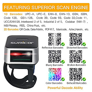 Bluetooth Ring Barcode Scanner, Sumicor Wearable Finger Bar Code Reader Portable Mnin Barcode 3-in-1 Bluetooth & 2.4Ghz Wireless & USB Work with iOS Android Windows Linux Mac OS