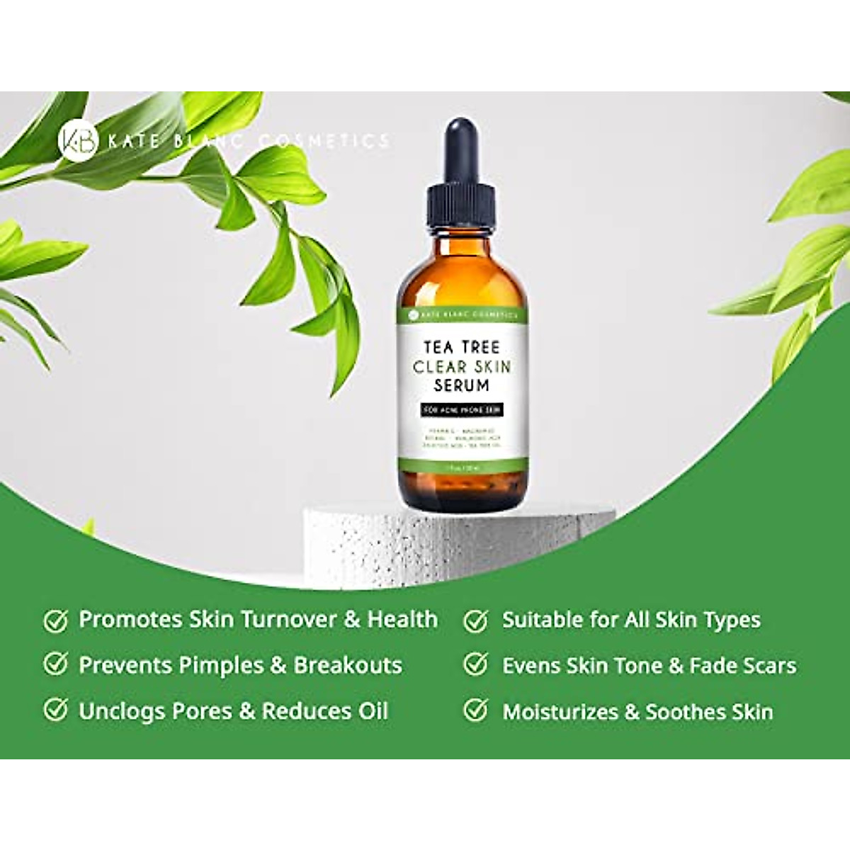 Tea Tree Serum for Face and Acne Prone Skin (1oz) by Kate Blanc Cosmetics. Tea Tree Oil Face Serum to Fight Acne Scars, Pimples, Dark Spots. Promotes Clear Skin for Teens