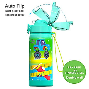 Insulated Water Bottle with Straw for Kids Boys Girls, Durable Stainless Steel & Leak Proof One Click Open Soft Straw & Protective Silicone Boot, 16oz - Airplane & Truck
