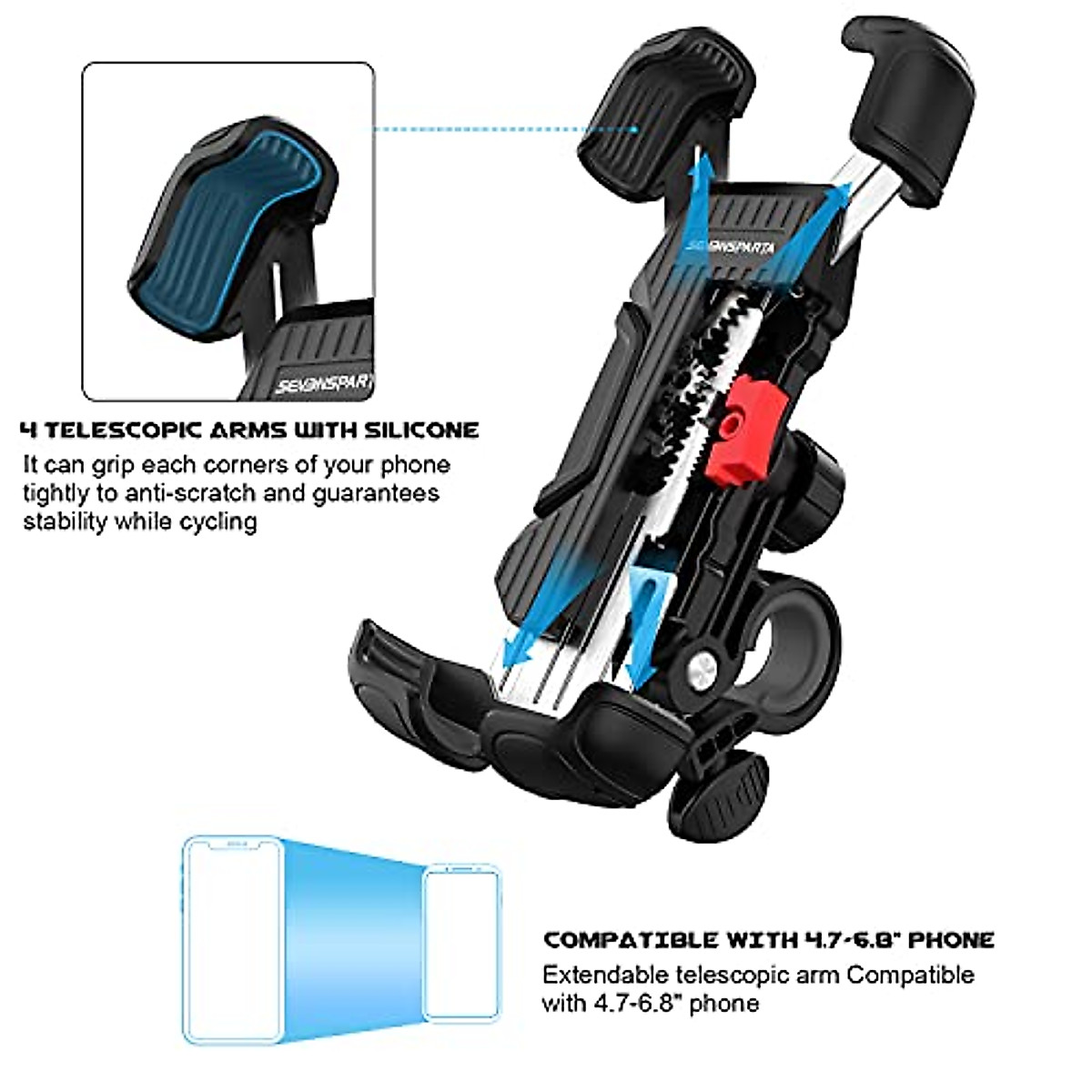 SEVEN SPARTA Bike Phone Mount Holder Motorcycle Phone Mount for Handlebar Accessories Compatible with iPhone 13 13 Pro Max 11, Galaxy and Other 4.7-6.8 Inches Cellphones (Black)