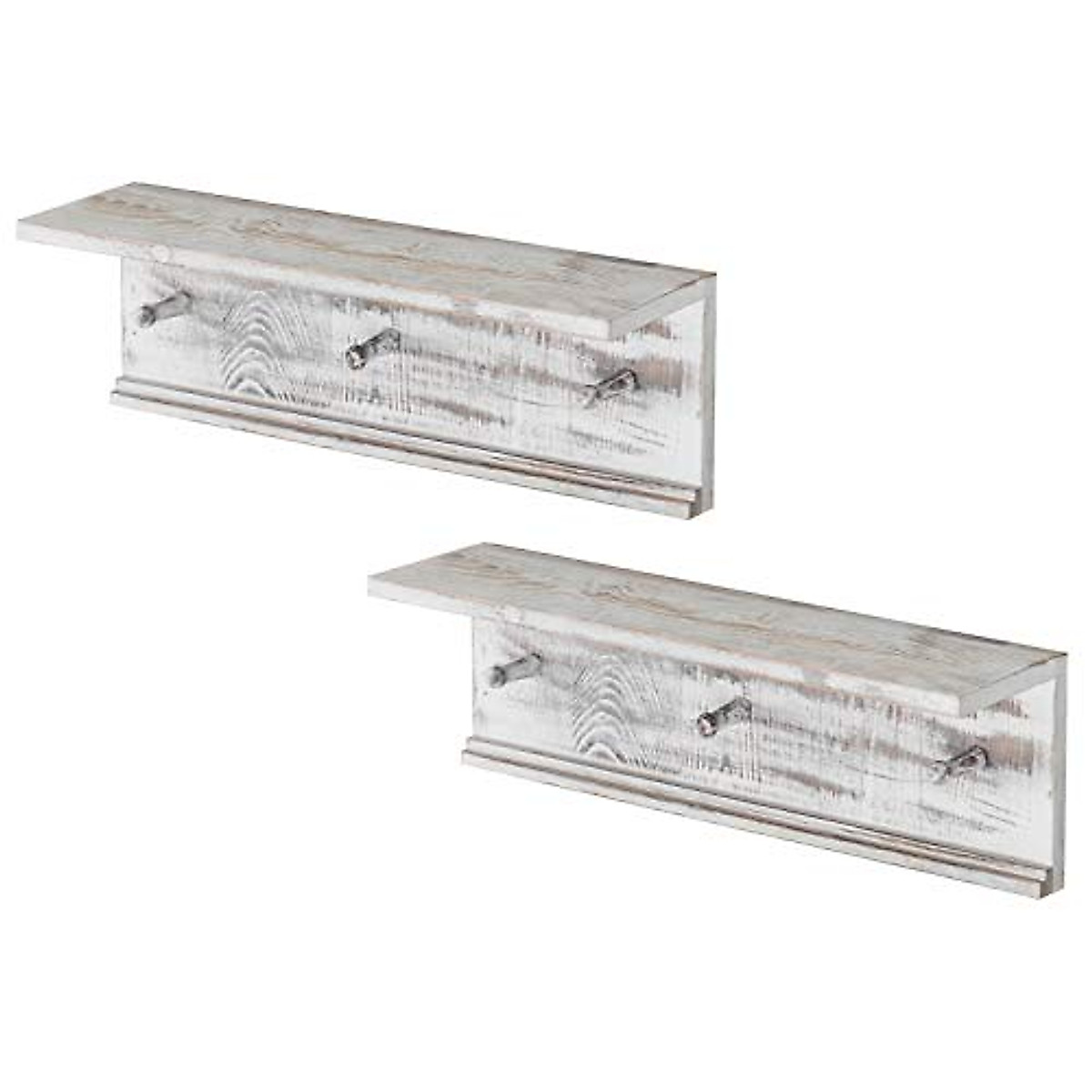 MyGift Rustic Whitewashed Wood 16-Inch Wall-Mounted Shelves with 3 Coat & Hat Pegs, Set of 2