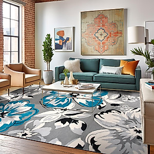 Rugshop Modern Floral Design Area Rug for Living Room,Bedroom,Home Office,Kitchen Non Shedding Area Rug 7'6" X 9' 5" Blue