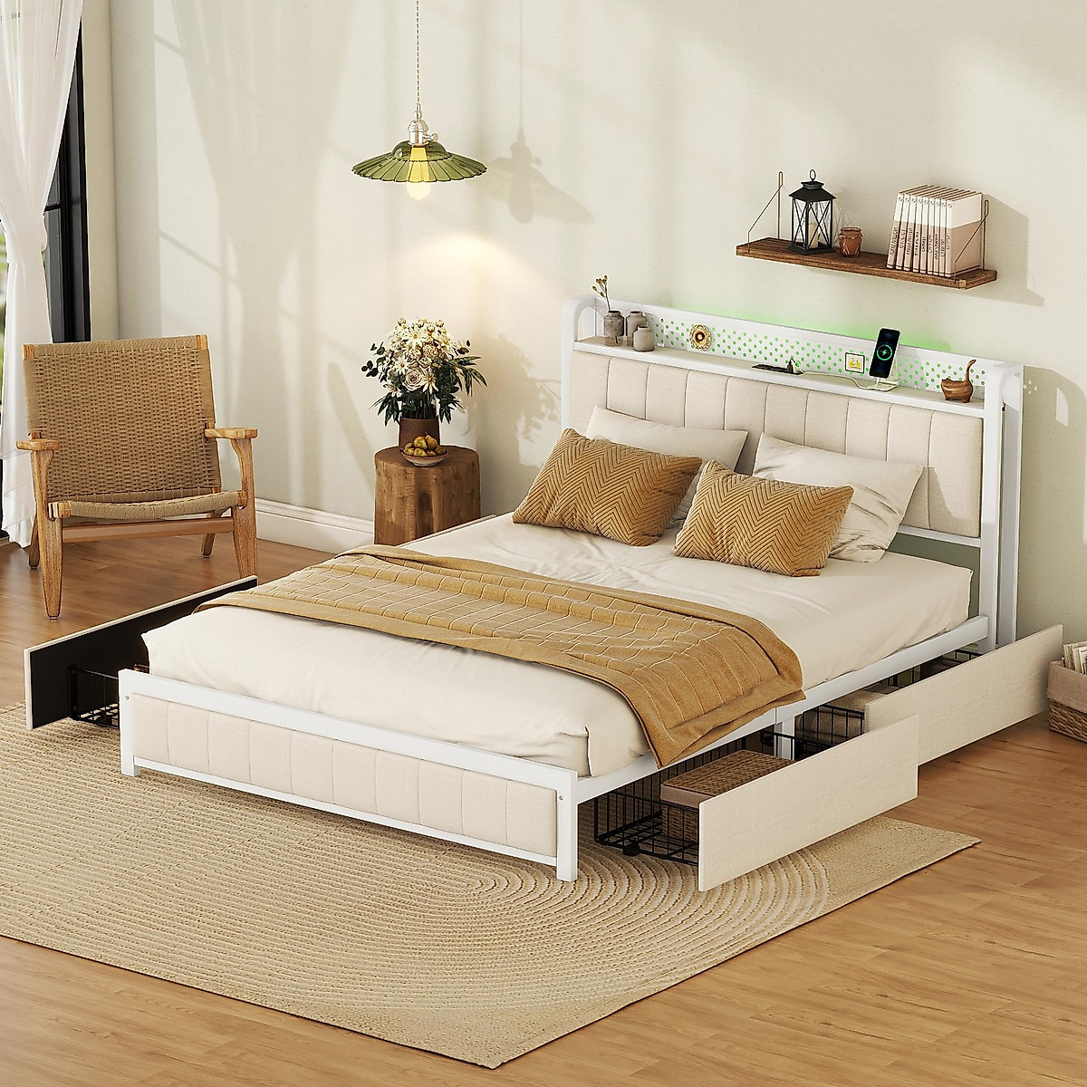 Queen Size Bed Frame with LED Headboard, Metal and Upholstered Platform Bed with Charging Station and 4 Drawers Storage, No Box Spring Needed, Beige