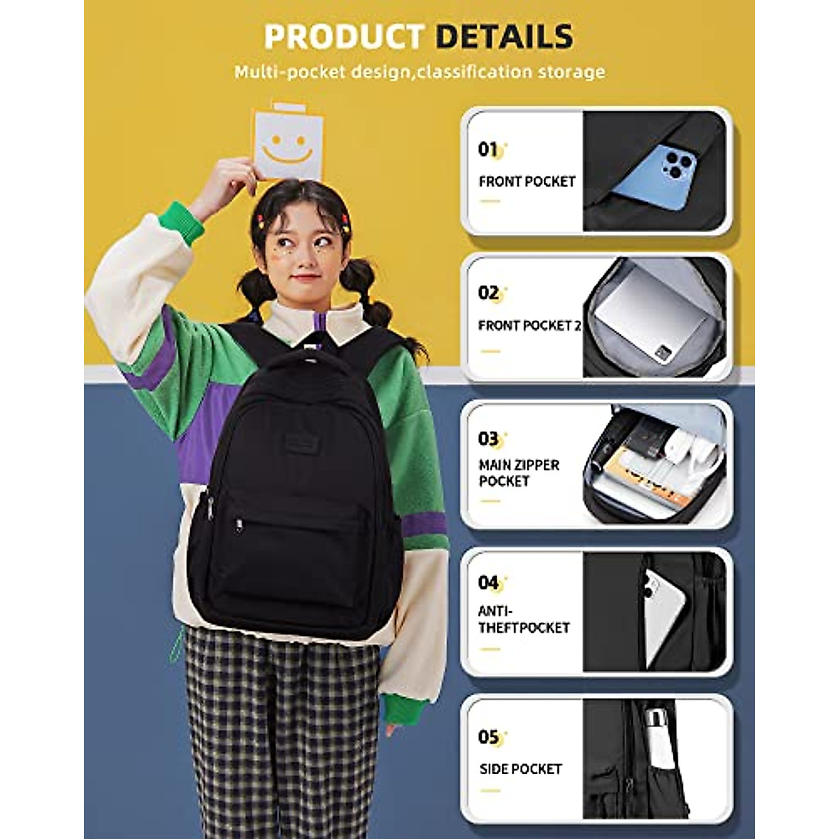 Lightweight School Backpack for Women Men, Black Laptop Travel Casual Daypack College Secondary School Bags Bookbag for Teenage Girls Boys