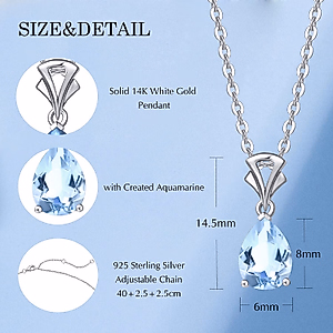FANCIME Valentine's Day Gifts Aquamarine Necklace 14K Solid White Gold Teardrop Pendant March Birthstone Jewelry Gifts for Mom Women