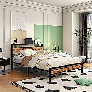 HOJINLINERO Bed Frame Queen Size with Storage Headboard/Power Outlets/USB Ports Charging Station,Metal Bed Frame Queen Size No Box Spring Needed,Under Bed Storage,Easy Assembly,Rustic Brown