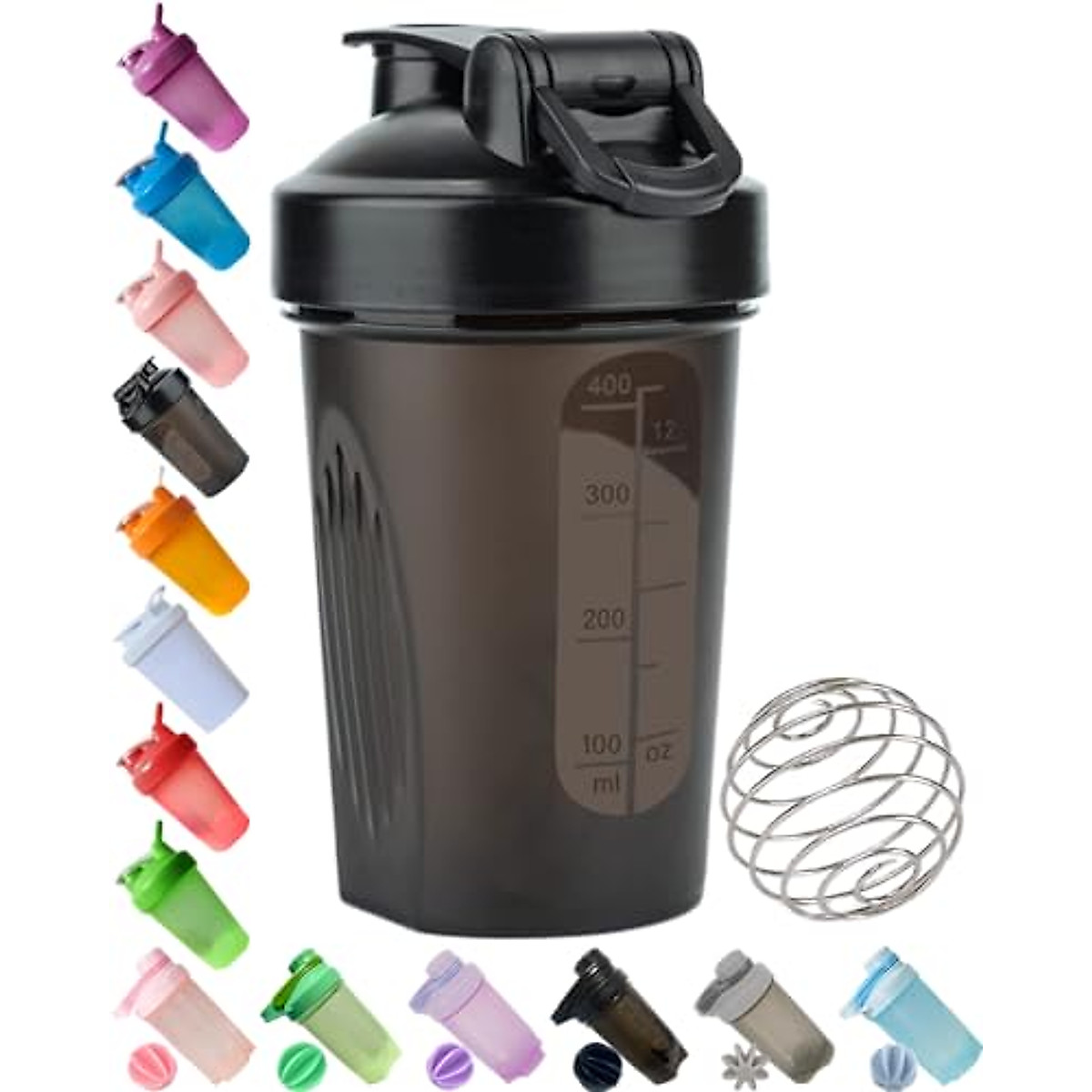 EBAT Shaker Bottle in Dark Black (Lid & Body)w. Classic Loop Hook & Measurement Marks of 12 Oz/400 ML,A Small Stainless Whisk Blender Ball - Anti-Slip,BPA Free,PP5 Certified,Leak Proof,Dishwasher Safe