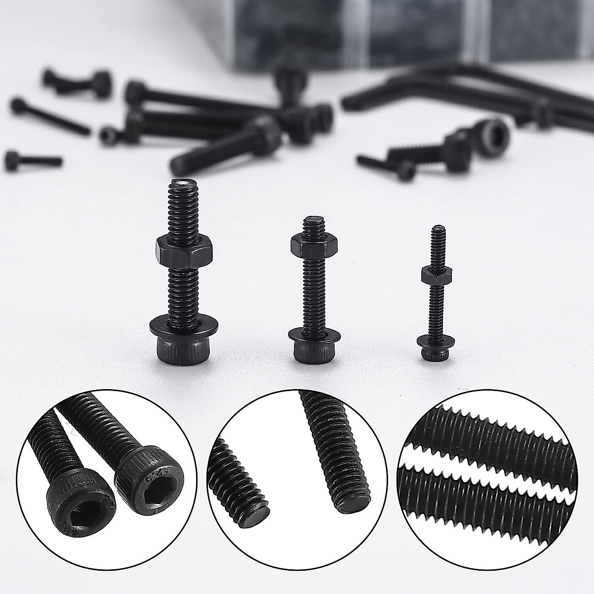1080 Pcs M2 M3 M4 Hex Button Socket Head Cap Screws Bolts Nuts Flat Washers Assortment Kit, Alloy Steel Black Machine Screws and Nuts and Bolts and Washers Set (1080Black)