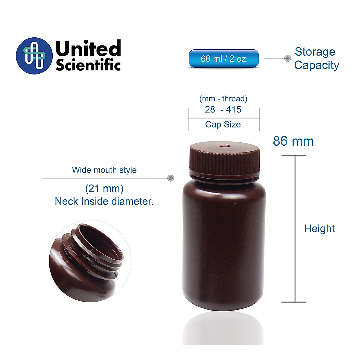United Scientific Supplies 33462 | Laboratory Grade HDPE Wide Mouth Amber Reagent Bottle | Designed for Laboratories, Classrooms, or Storage at Home | 60mL (2oz) Capacity | Pack of 72