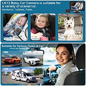 LeeKooLuu Baby Car Camera Display 3 Mins Easy Install - Plug and Play HD 1080P Clear Picture Crystal Night Vision Rear Facing Car Baby Monitor with Camera Wide View Backseat Camera Two Kids LK12