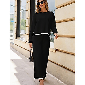 Faleave Women's Knit 2 Piece Outfits Long Sleeve Sweater Pullover Tops Wide Leg Pants Tracksuits Lounge Set(Black-M)