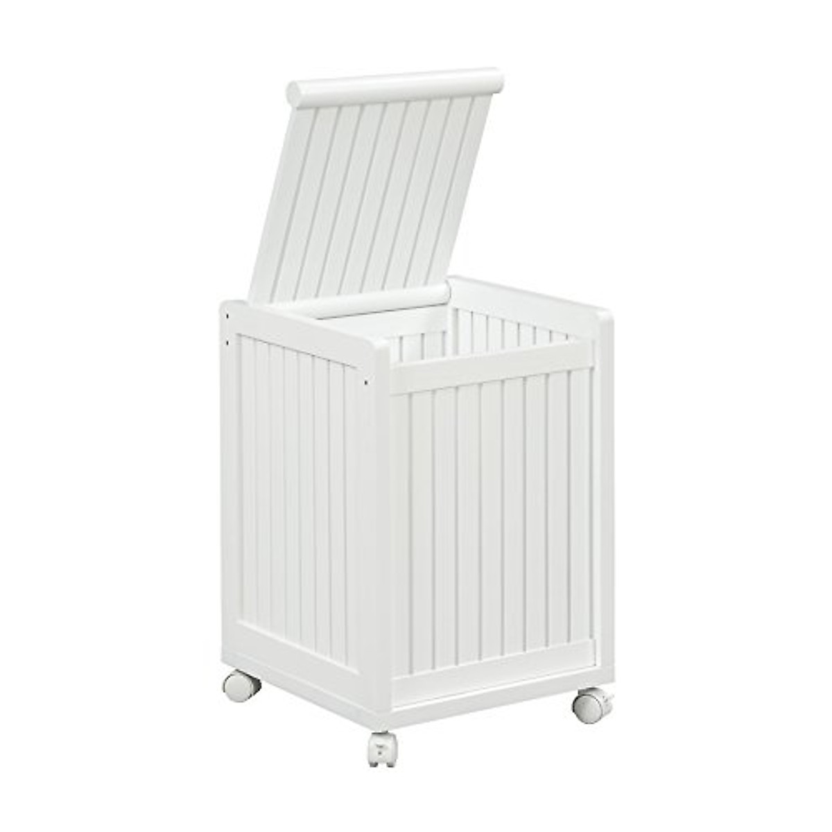 New Ridge Home Goods Abingdon Solid Birch Wood Mobile Hamper with Lid, Medium, White