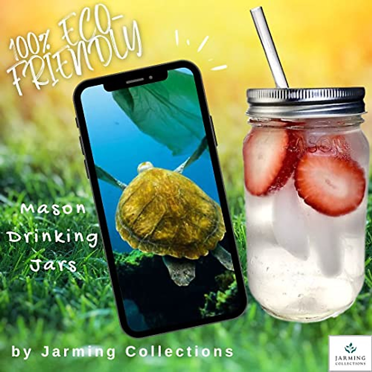 Jarming Collections- Reusable Smoothie, Iced Coffee Glass Jars with 16oz Mason Cups, Lids, Glass Straws, Bubble Tea Accessories, Environment Conscious, Pack of 4