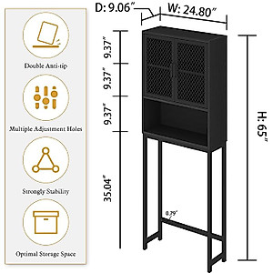 Launica Bathroom Organizer Over Toilet, Wood Metal Bathroom Over The Toilet Storage, Industrial Bathroom Space Saver Shelf Over Toilet, Freestanding Bathroom Cabinet Above Toilet wtih Rack, Black Oak