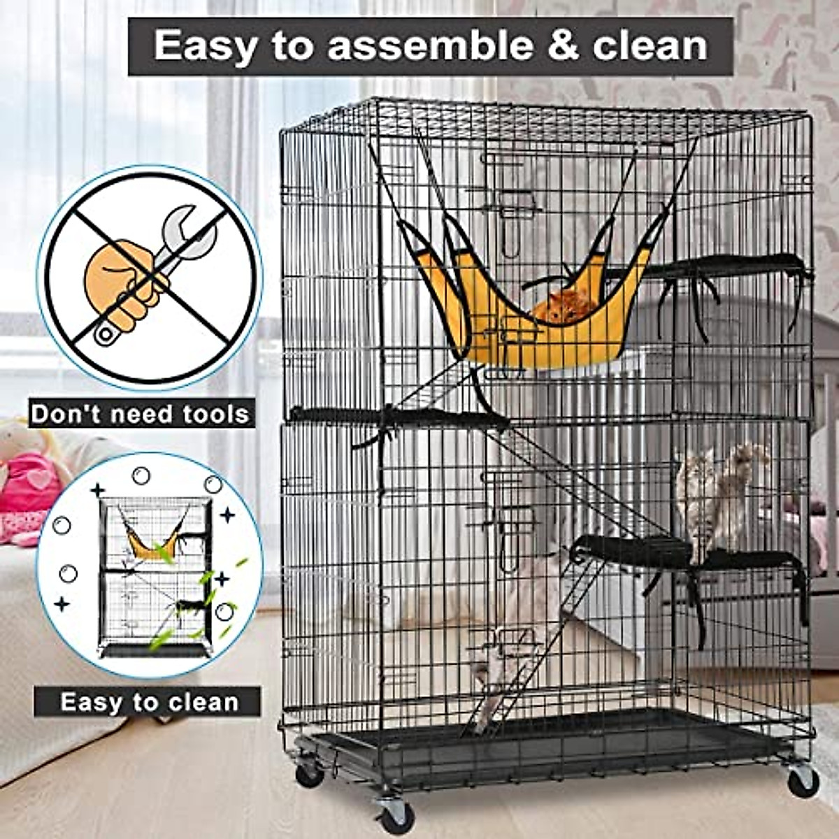 48'' Large Cat Cage with Wheels, Collapsible Large 3-Tier Metal Cat Enclosure Perching Shelves Cat Crate Cat Kennel Ferret Chinchilla Cage with Cat Hammock/3 Cat Bed/3 Ramp Ladder/Cat Litter Pan