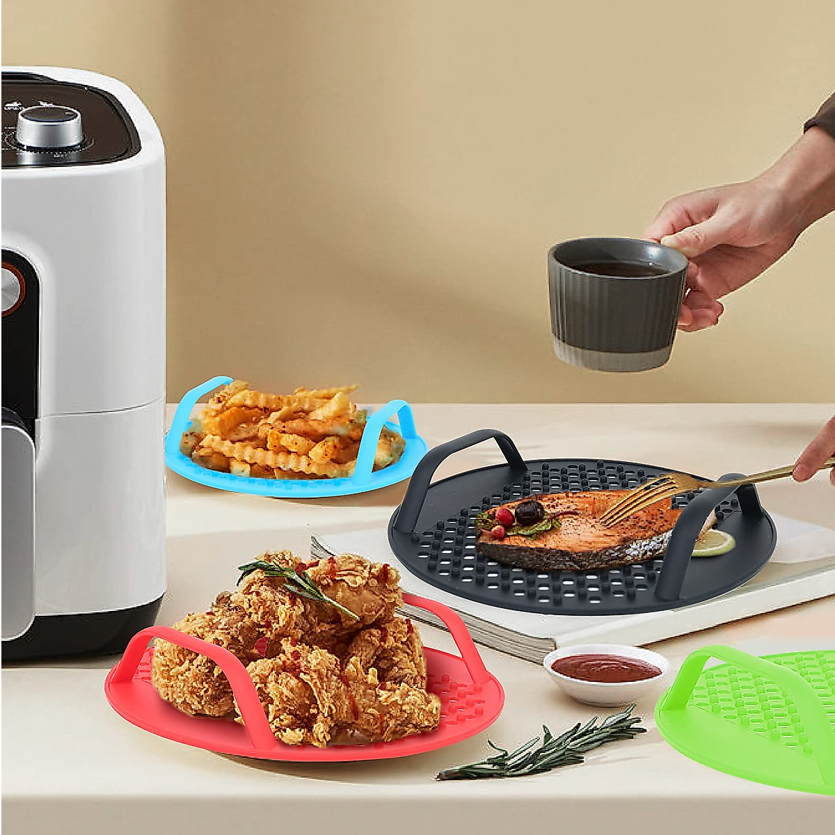 Coolnice air fryer mat - 2 PCS（Small & Large Size）Air fryer silicone liners for counter heat resistant reusable non sticky heat proof pad for kitchen baking accessory cooking utensils (BLACK)