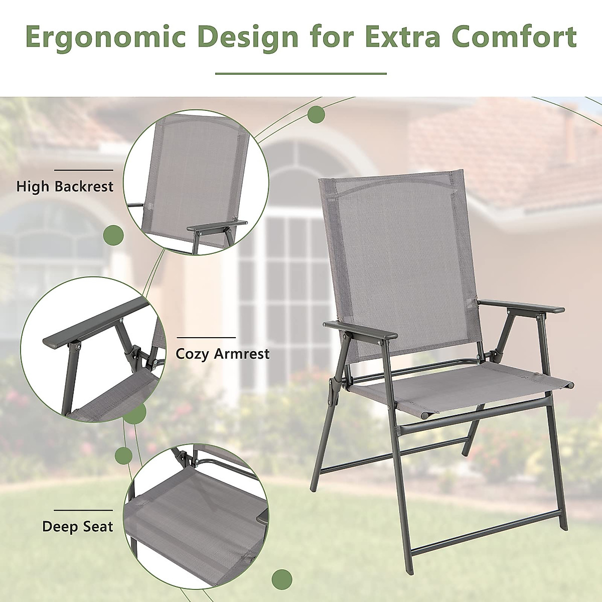 Giantex Patio Folding Chairs Set of 4, Outdoor Lawn Chairs with Rustproof Metal Frame, Portable Dining Chairs for Porch, Deck, Garden, Backyard, Camping, Gray
