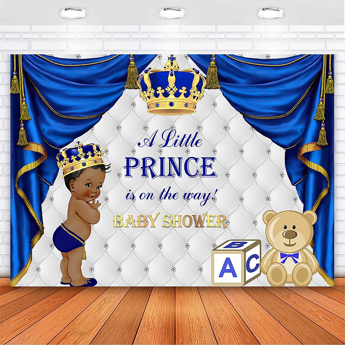 Mehofoto Prince Baby Shower Backdrop Royal Blue Little Prince Baby Shower Background 7x5ft Gold Grown Cute Baby Bear Sliver Backdrop for Boys Baby Shower Decorations