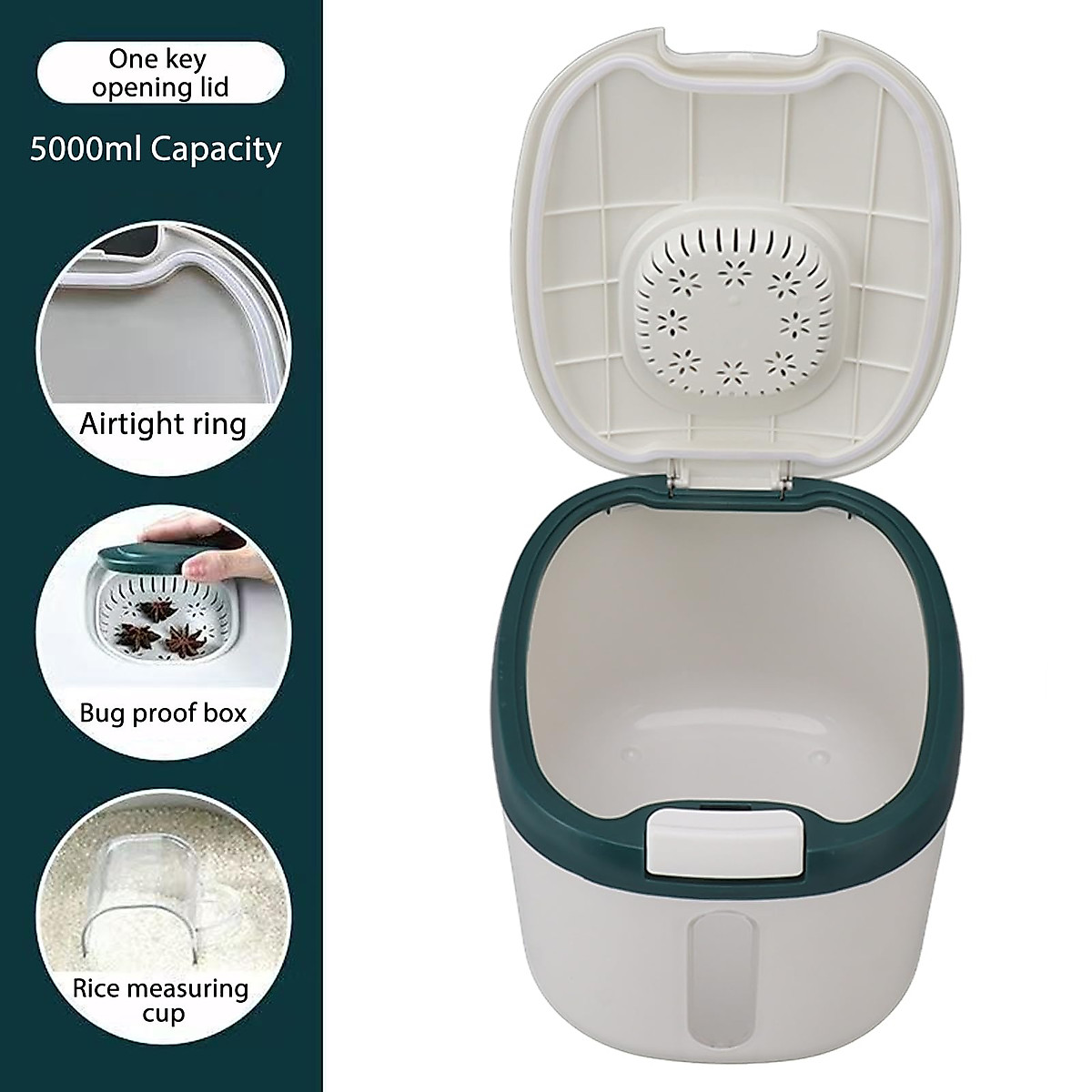 Rice Storage Container, Large Capacity Food Storage Container, Airtight Food Storage Container with Measuring Cup, Covered Rice Bucket, Cereal Dispenser Bin for Grains Nuts Flour(S Green (5kg/11.0lb))