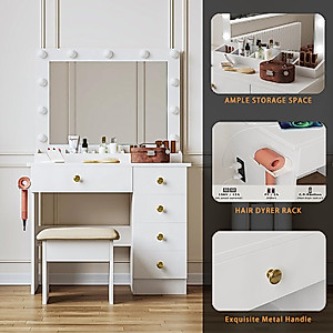 VIVILIFE 36’’ W Vanity Set, Vanity Desk with Power Outlet, Makeup Table with Mirror and LED Lights, Adjustable Lighting, 5 Drawer and Functional Desk Surface, Bedroom Choice for Women and Girls