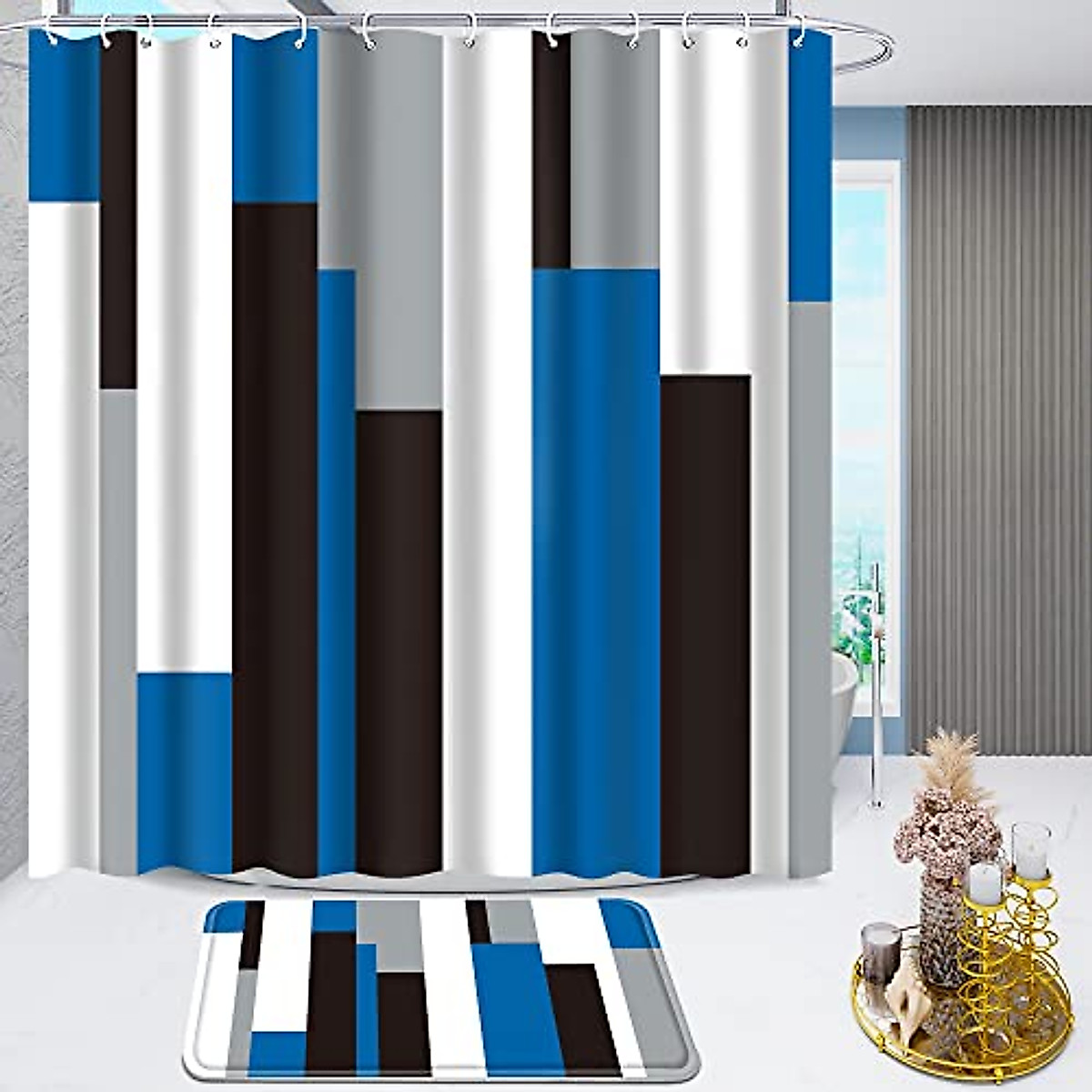 YOKYHOM Bathroom Sets, 3 Pcs Blue Striped Bathroom Shower Curtain Sets with Rugs, Incl 71'' x 71'' Polyester Shower Curtain with 12 Hooks, 2 Pcs 30'' x 18'' Non Slip Bath Mats