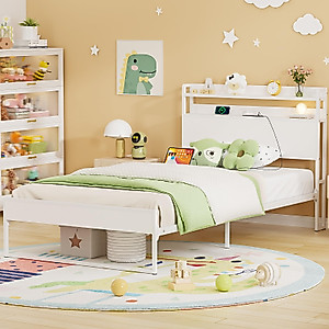 Elephance Twin Bed Frames with Charging Station and Storage Headboard, No Box Spring Needed, Noise Free, Easy Assembly
