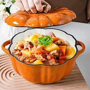 Enameled Cast Iron Dutch Oven with Lid –Pumpkin Cocotte – Non Stick Dutch Oven Pot – Sturdy Ovenproof Stockpot Cookware – Enamelled Cooking Pot – Oversized Handles (1.6-quart)