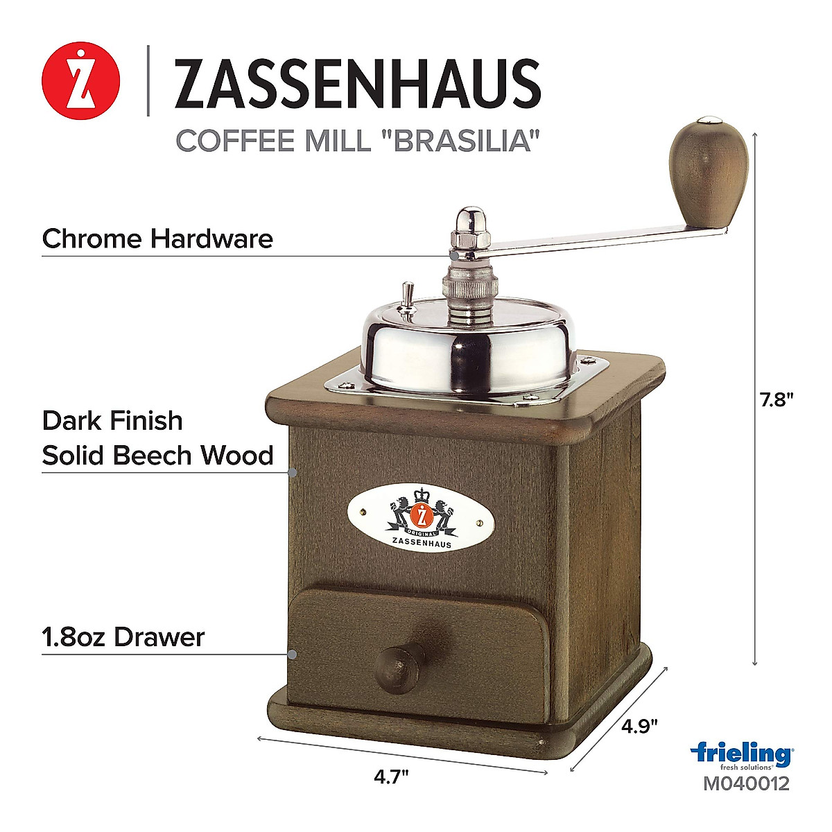 Zassenhaus M040012 Brasilia Beech Wood Manual Coffee Mill, Dunkel Gebeizt, Dark/Chrome