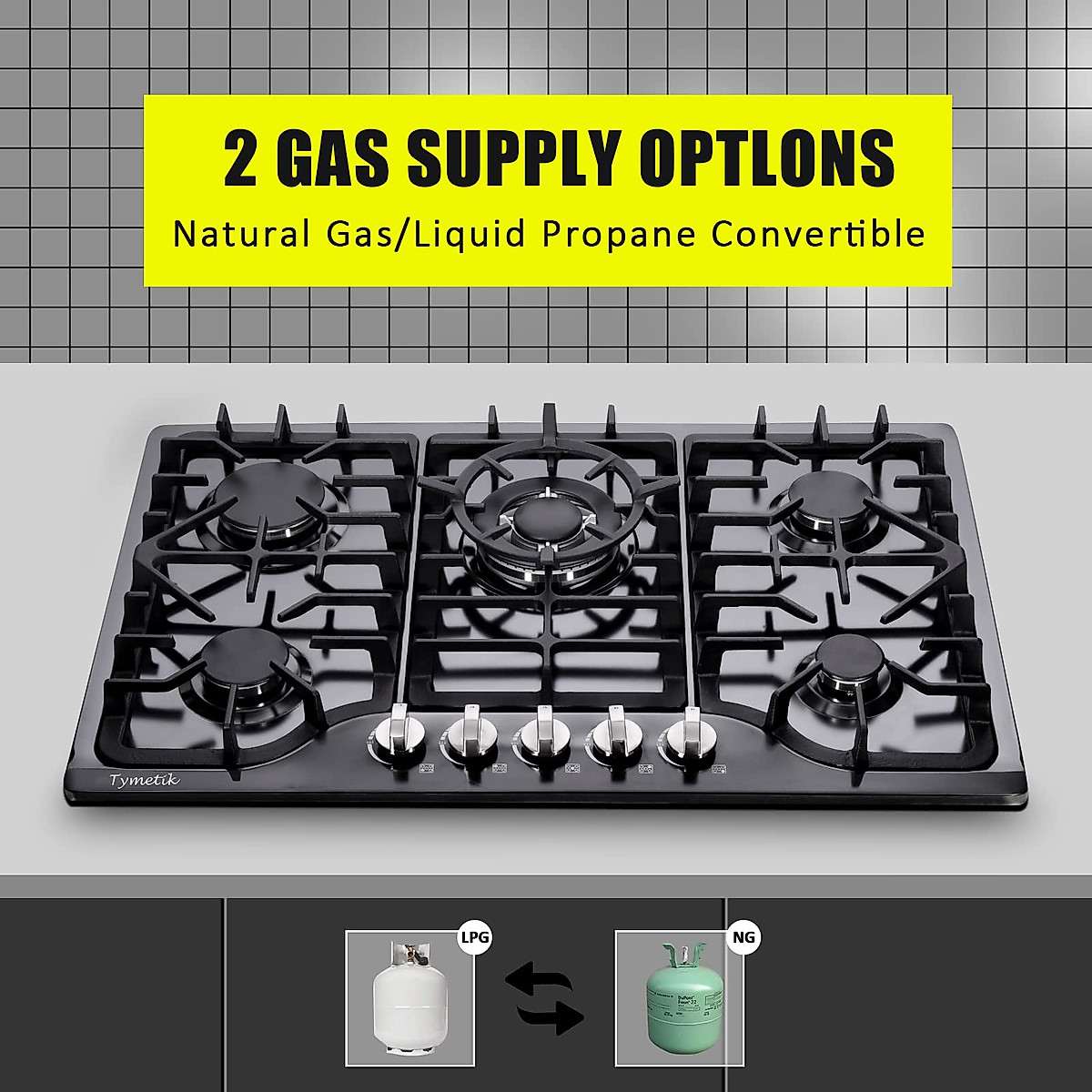 30 Inch Gas Cooktop, Built-in Stainless Steel Gas Stovetop 5 High Efficiency Burners Gas Stove LPG/NG Convertible Gas Hob (Black)