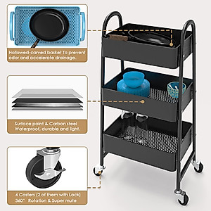 3 Tier Rolling Cart, Metal Ultility Cart with Extra Large Lockable Wheels, Makeup Storage Organizer Craft Trolley, Serving Cart Easy Assembly for Kitchen, Bathroom, Office (Black)