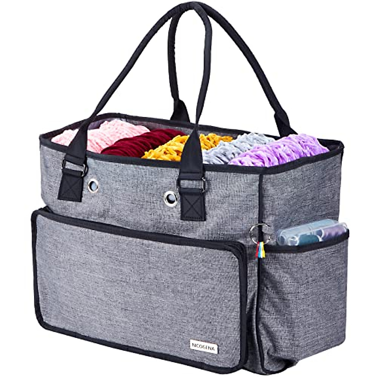 NICOGENA Knitting Bag, Portable Yarn Storage Tote for Yarn Skeins and Accessories Tangle Free with 4 Oversized Grommets, Gray