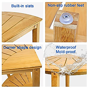 16" Bamboo Corner Shower Bench with Shelf, Corner Shower Stool for Shaving Legs, Shower Foot Rest Stool, Waterproof Wood Storage & Seat for Bathroom, Shower, Spa, Sauna, Shower Stool for Inside Shower