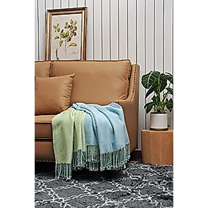 EP Mode Reversible Fringed Mulberry Silk Throw Blanket for Sofa (Crystal Blue/Lime)