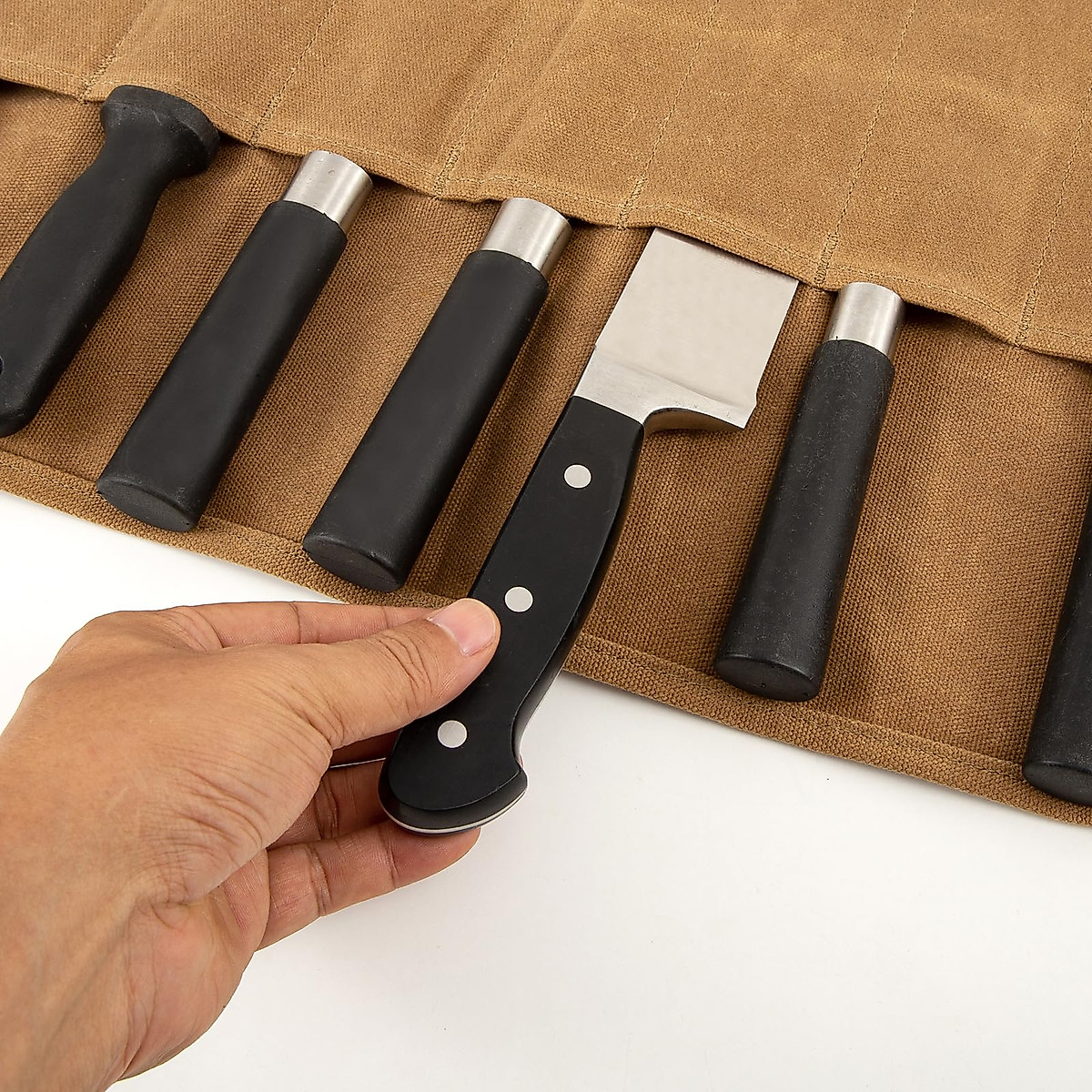 Knife Roll,Waxed Canvas Knife Bag,Heavy Duty Knife Case,Chef Knife Bag Roll with 8 Slots for Knives and Kitchen Tools,Knife Roll Bag For Chefs Culinary Traveling,Knives Pouch Holder Wrap (Khaki)