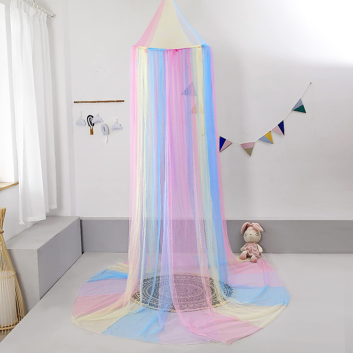 Rainbow Bed Canopy with Lights - Girls Room Bed Netting for Twin, Single, Full, Queen Size Beds - Reading Corners Room Decor