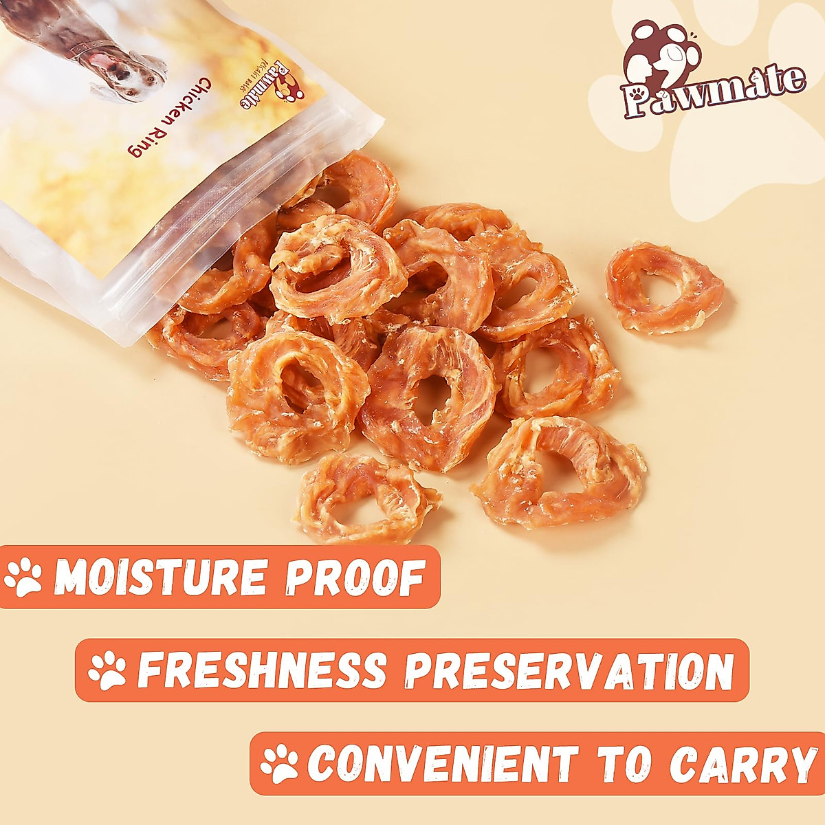 Pawmate Dog Treats Chicken Jerky Rings, Rawhide-Free Grain-Free Real Dried Tenders Natural Chicken Breast Dog Chewy Training Snacks for Small Medium Large Dogs Large Pack 10.58oz