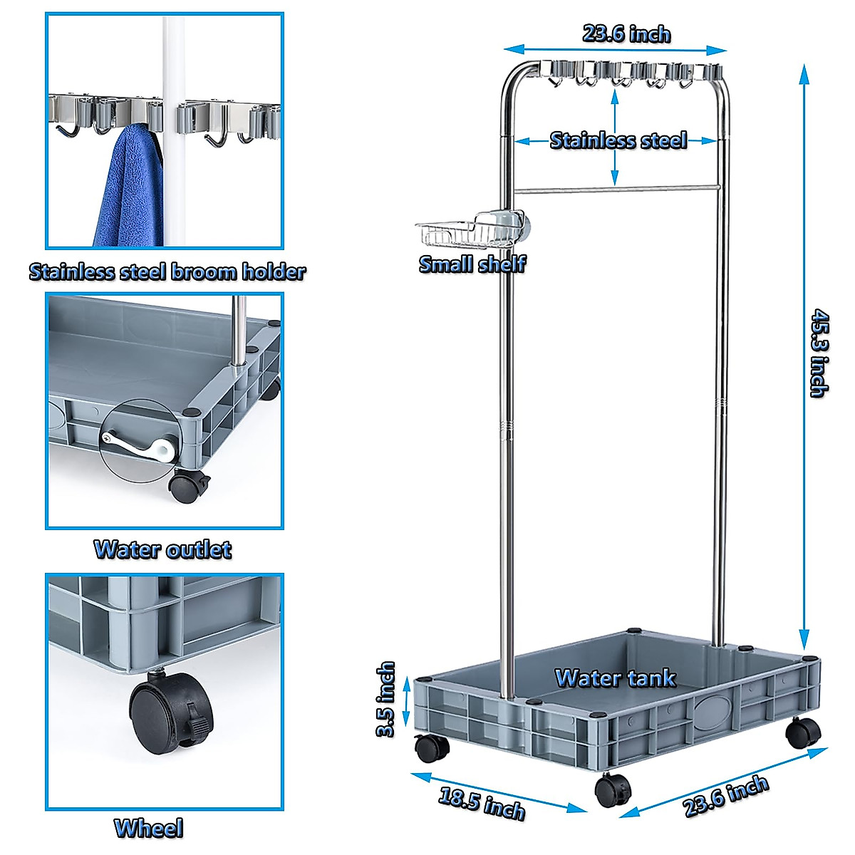 Broom Holder Organizer Movable Closet Storage Cabinet Mop Rack Floor Standing Cleaning Tool Cart For Garden Garage Schools Hotels Hospitals Factories Property Companies Restaurant (with Tank)