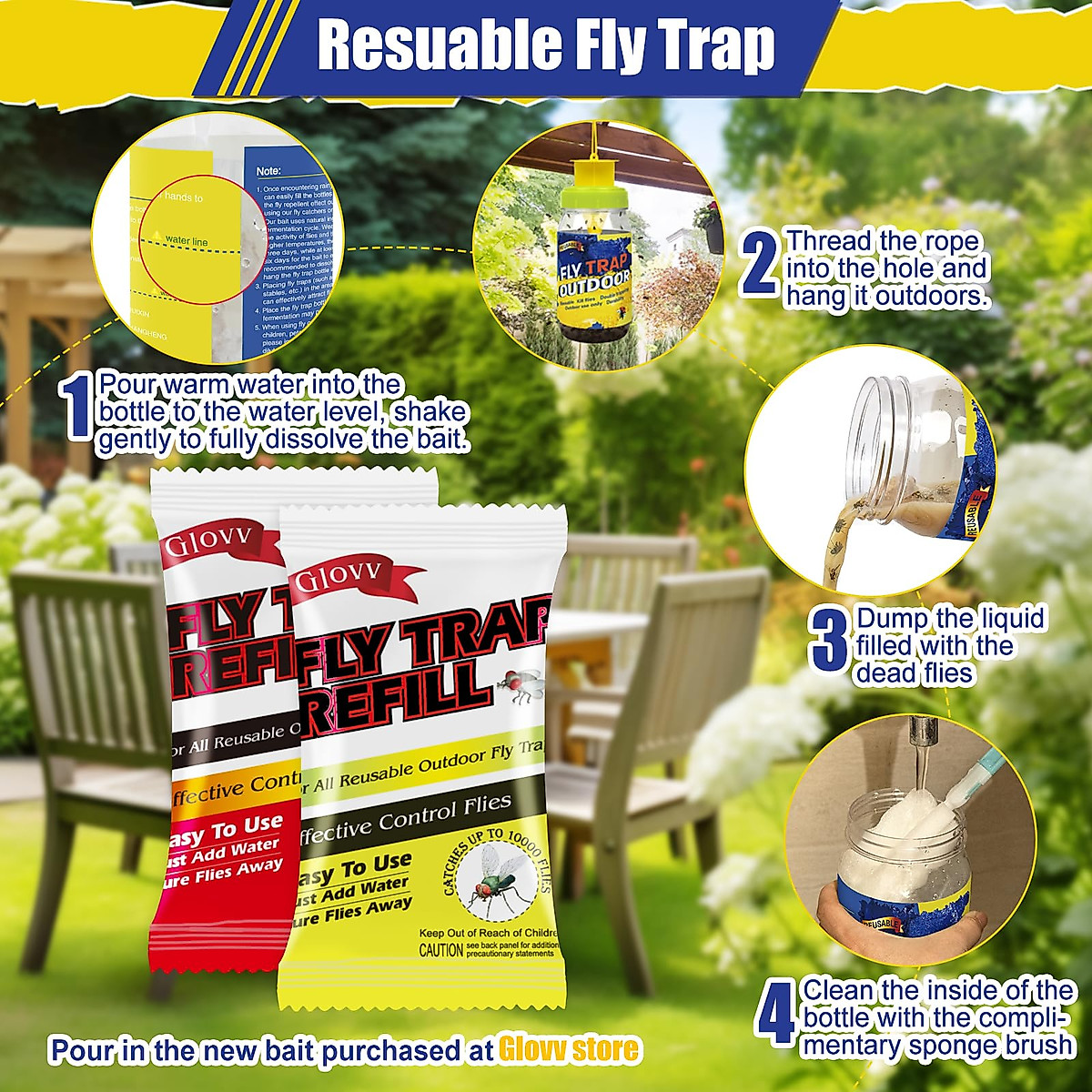 Glovv 2 Pack Reusable Fly Traps Outdoor Jar with Natural Flies Trap Refill and Sponge Brush, Bug Catcher and Ranch Fly Hunter Insect Repellent Killer for Stable Horse, Garden