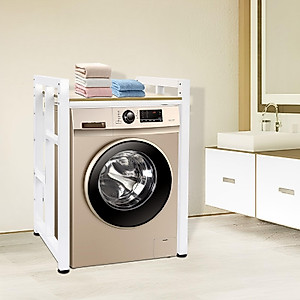 LOHISHILO Stacking Rack Stand, Heavy Duty Over Washer&Dryer Shelves with Adjustable Shelf, Space Saver Stackable Storage Shelf for Laundry Room Apartments Bedrooms (White& Light Walnut)